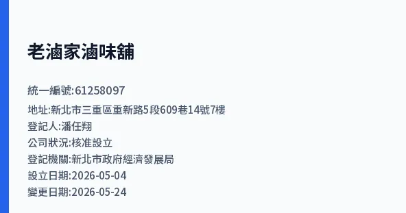 老滷家滷味舖的照片-統編 61258097(新北市) 公司登記資料與營業項目詳細圖表