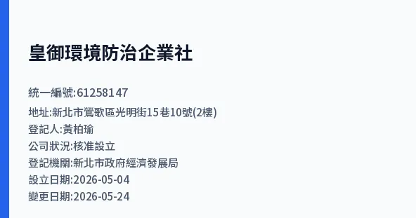 皇御環境防治企業社的照片-統編 61258147(新北市) 公司登記資料與營業項目詳細圖表