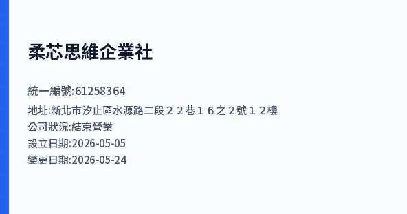 柔芯思維企業社的照片-統編 61258364(新北市) 公司登記資料與營業項目詳細圖表