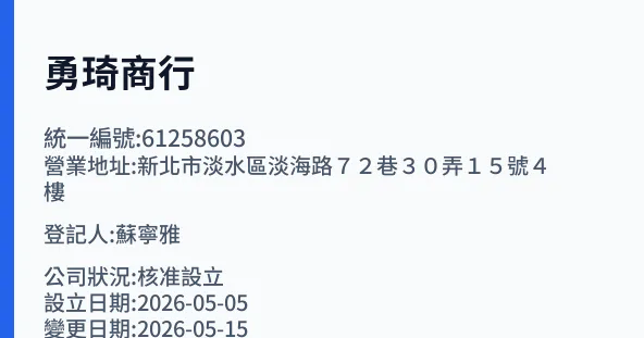 勇琦商行的照片-統編 61258603(新北市) 公司登記資料與營業項目詳細圖表