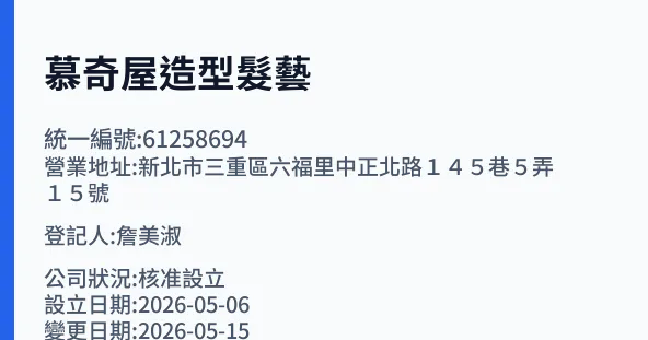 慕奇屋造型髮藝的照片-統編 61258694(新北市) 公司登記資料與營業項目詳細圖表