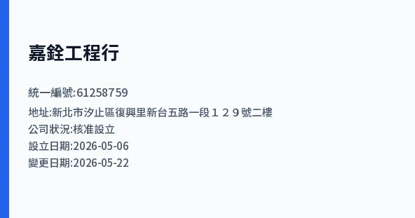 嘉銓工程行的照片-統編 61258759(新北市) 公司登記資料與營業項目詳細圖表