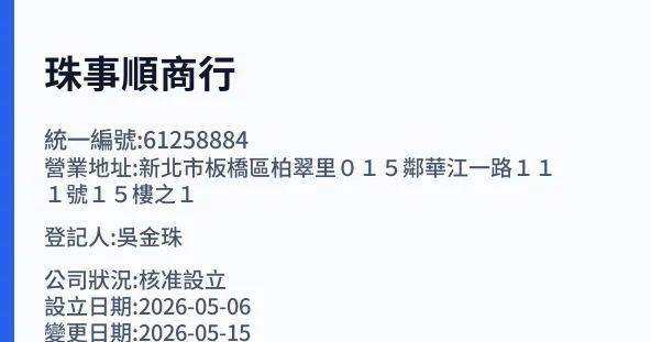 珠事順商行的照片-統編 61258884(新北市) 公司登記資料與營業項目詳細圖表