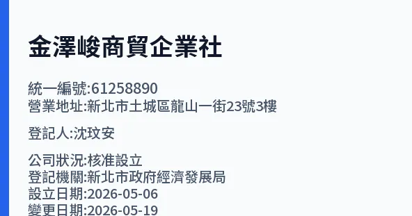金澤峻商貿企業社的照片-統編 61258890(新北市) 公司登記資料與營業項目詳細圖表