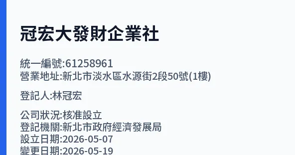 冠宏大發財企業社的照片-統編 61258961(新北市) 公司登記資料與營業項目詳細圖表