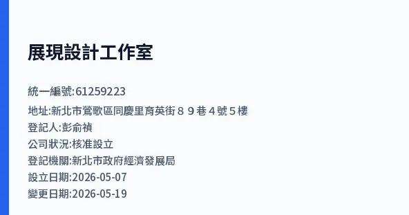 展現設計工作室的照片-統編 61259223(新北市) 公司登記資料與營業項目詳細圖表