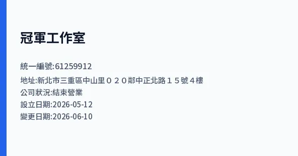 冠軍工作室的照片-統編 61259912(新北市) 公司登記資料與營業項目詳細圖表
