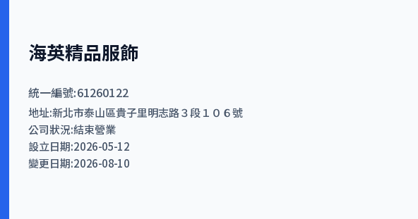 海英精品服飾的照片-統編 61260122 公司登記資料與營業項目詳細圖表