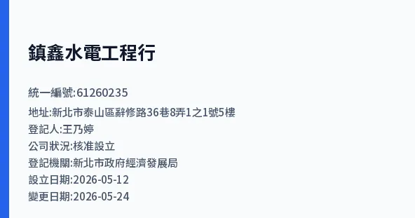 鎮鑫水電工程行的照片-統編 61260235(新北市) 公司登記資料與營業項目詳細圖表