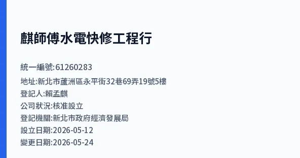 麒師傅水電快修工程行的照片-統編 61260283(新北市) 公司登記資料與營業項目詳細圖表