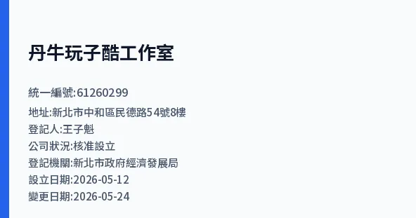 丹牛玩子酷工作室的照片-統編 61260299(新北市) 公司登記資料與營業項目詳細圖表