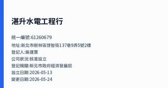 湛升水電工程行的照片-統編 61260679(新北市) 公司登記資料與營業項目詳細圖表