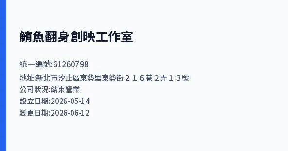 鮪魚翻身創映工作室的照片-統編 61260798(新北市) 公司登記資料與營業項目詳細圖表