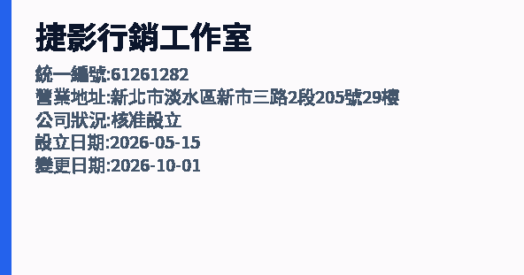 捷影行銷工作室的照片-統編 61261282 公司登記資料與營業項目詳細圖表