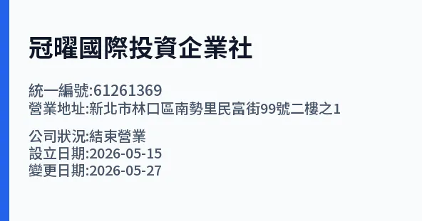 冠曜國際投資企業社的照片-統編 61261369(新北市) 公司登記資料與營業項目詳細圖表