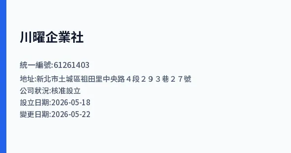 川曜企業社的照片-統編 61261403(新北市) 公司登記資料與營業項目詳細圖表