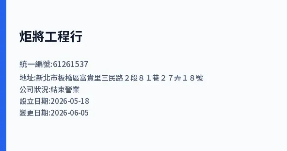 炬將工程行的照片-統編 61261537(新北市) 公司登記資料與營業項目詳細圖表