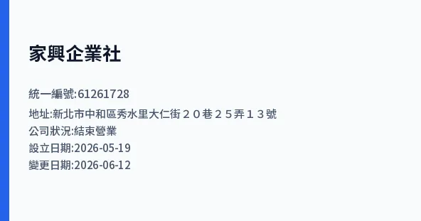 家興企業社的照片-統編 61261728(新北市) 公司登記資料與營業項目詳細圖表