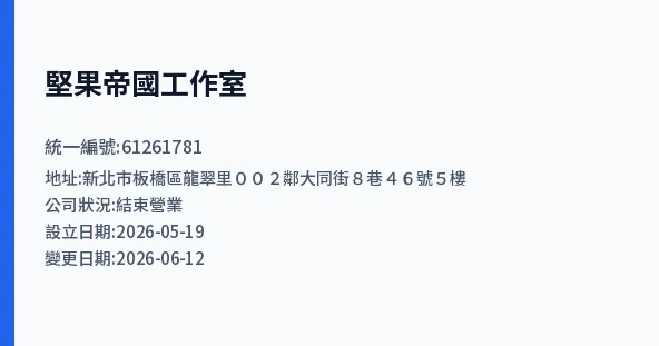 堅果帝國工作室的照片-統編 61261781(新北市) 公司登記資料與營業項目詳細圖表