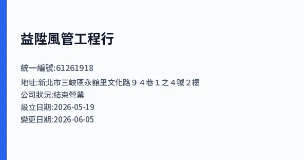 益陞風管工程行的照片-統編 61261918(新北市) 公司登記資料與營業項目詳細圖表