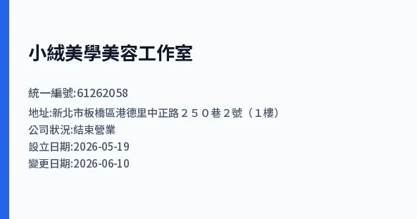 小絨美學美容工作室的照片-統編 61262058(新北市) 公司登記資料與營業項目詳細圖表