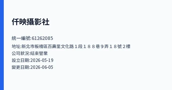 仟映攝影社的照片-統編 61262085(新北市) 公司登記資料與營業項目詳細圖表