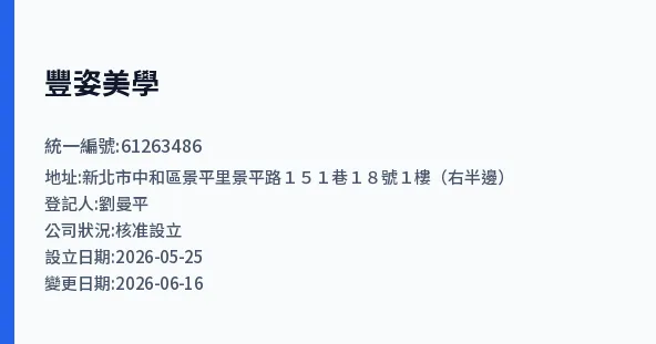 豐姿美學的照片-統編 61263486(新北市) 公司登記資料與營業項目詳細圖表
