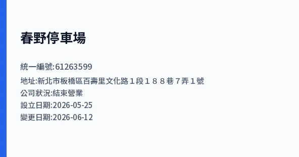 春野停車場的照片-統編 61263599(新北市) 公司登記資料與營業項目詳細圖表