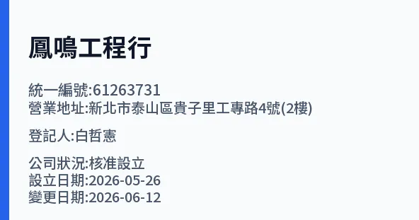 鳳鳴工程行的照片-統編 61263731(新北市) 公司登記資料與營業項目詳細圖表