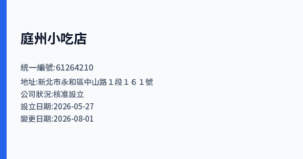 庭州小吃店的照片-統編 61264210 公司登記資料與營業項目詳細圖表