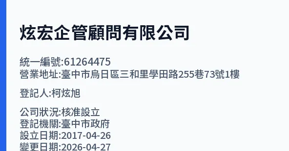 炫宏企管顧問有限公司的照片-統編 61264475(臺中市) 公司登記資料與營業項目詳細圖表