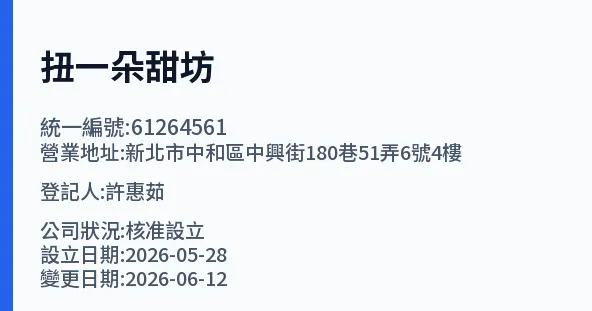 扭一朵甜坊的照片-統編 61264561(新北市) 公司登記資料與營業項目詳細圖表