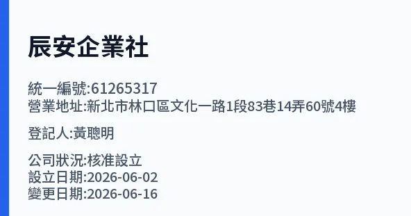 辰安企業社的照片-統編 61265317(新北市) 公司登記資料與營業項目詳細圖表
