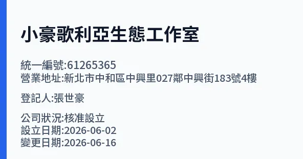 小豪歌利亞生態工作室的照片-統編 61265365(新北市) 公司登記資料與營業項目詳細圖表
