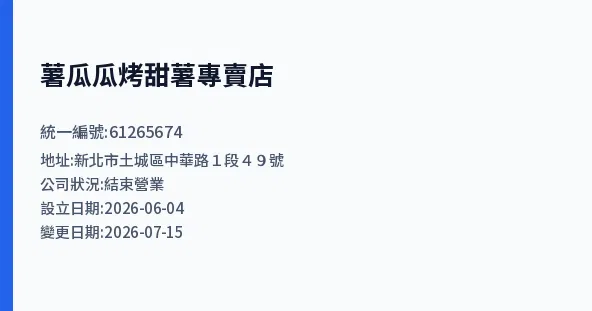 薯瓜瓜烤甜薯專賣店的照片-統編 61265674 公司登記資料與營業項目詳細圖表