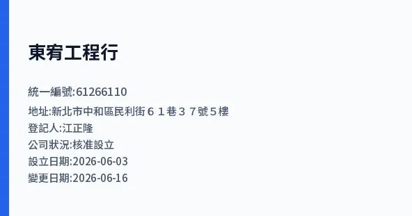 東宥工程行的照片-統編 61266110(新北市) 公司登記資料與營業項目詳細圖表