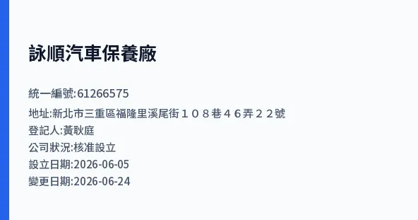 詠順汽車保養廠的照片-統編 61266575(新北市) 公司登記資料與營業項目詳細圖表