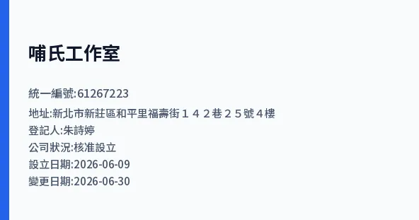 哺氏工作室的照片-統編 61267223(新北市) 公司登記資料與營業項目詳細圖表