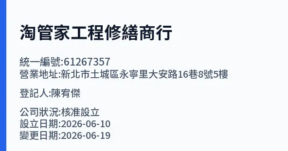 淘管家工程修繕商行的照片-統編 61267357(新北市) 公司登記資料與營業項目詳細圖表