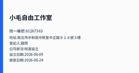 小毛自由工作室的照片-統編 61267363(新北市) 公司登記資料與營業項目詳細圖表