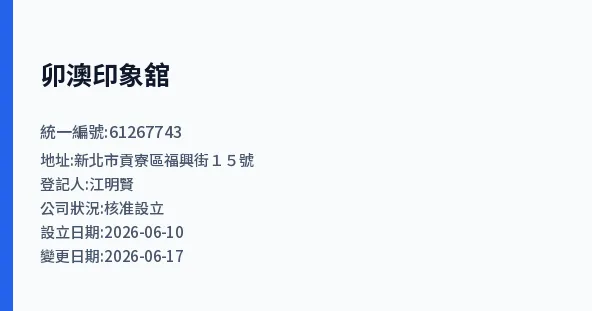 卯澳印象舘的照片-統編 61267743(新北市) 公司登記資料與營業項目詳細圖表