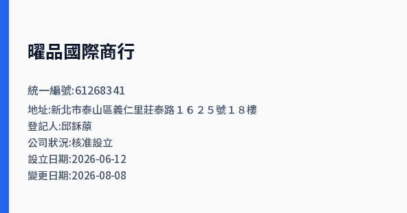 曜品國際商行的照片-統編 61268341 公司登記資料與營業項目詳細圖表