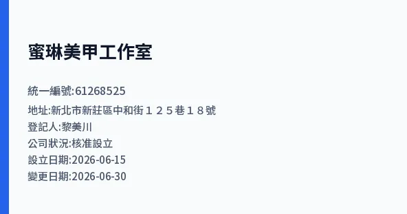 蜜琳美甲工作室的照片-統編 61268525(新北市) 公司登記資料與營業項目詳細圖表
