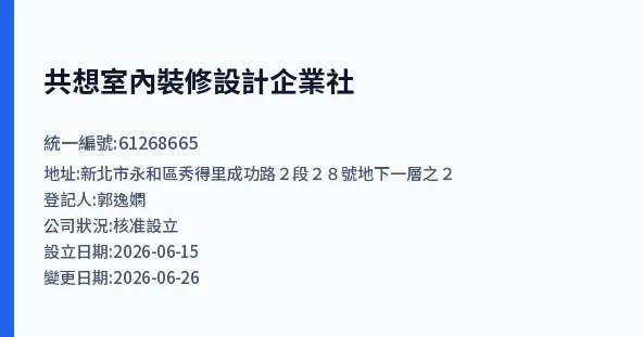 共想室內裝修設計企業社的照片-統編 61268665(新北市) 公司登記資料與營業項目詳細圖表