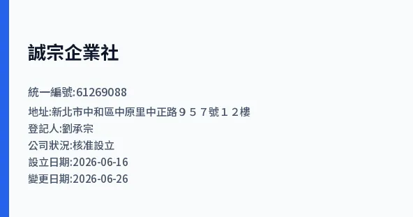 誠宗企業社的照片-統編 61269088(新北市) 公司登記資料與營業項目詳細圖表