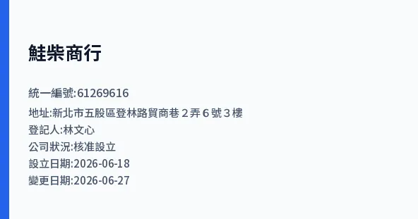 鮭柴商行的照片-統編 61269616(新北市) 公司登記資料與營業項目詳細圖表