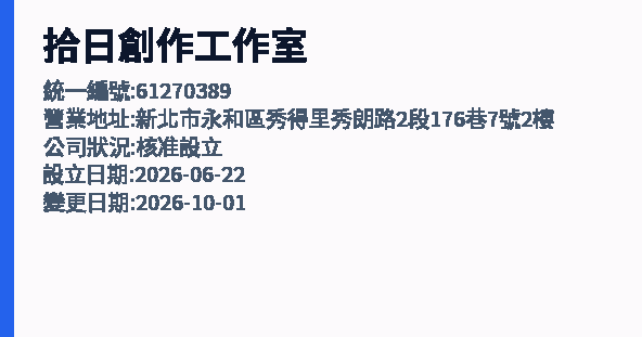 拾日創作工作室的照片-統編 61270389 公司登記資料與營業項目詳細圖表