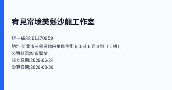 宥見甯境美髮沙龍工作室的照片-統編 61270959 公司登記資料與營業項目詳細圖表