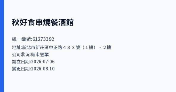 秋好食串燒餐酒館的照片-統編 61273392(新北市) 公司登記資料與營業項目詳細圖表