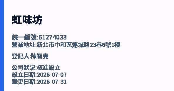 虹味坊的照片-統編 61274033(新北市) 公司登記資料與營業項目詳細圖表